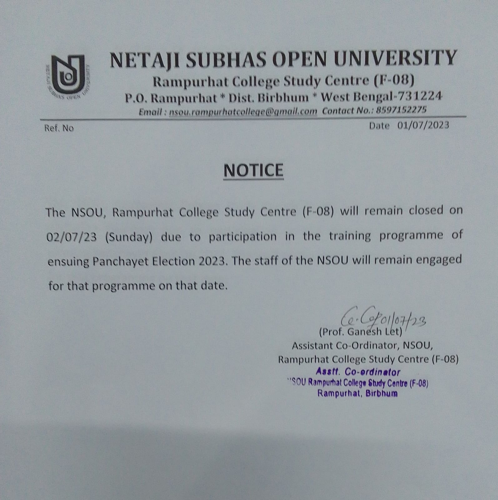 Welcome To The Official Website of N.S.O.U : Rampurhat College Study Centre