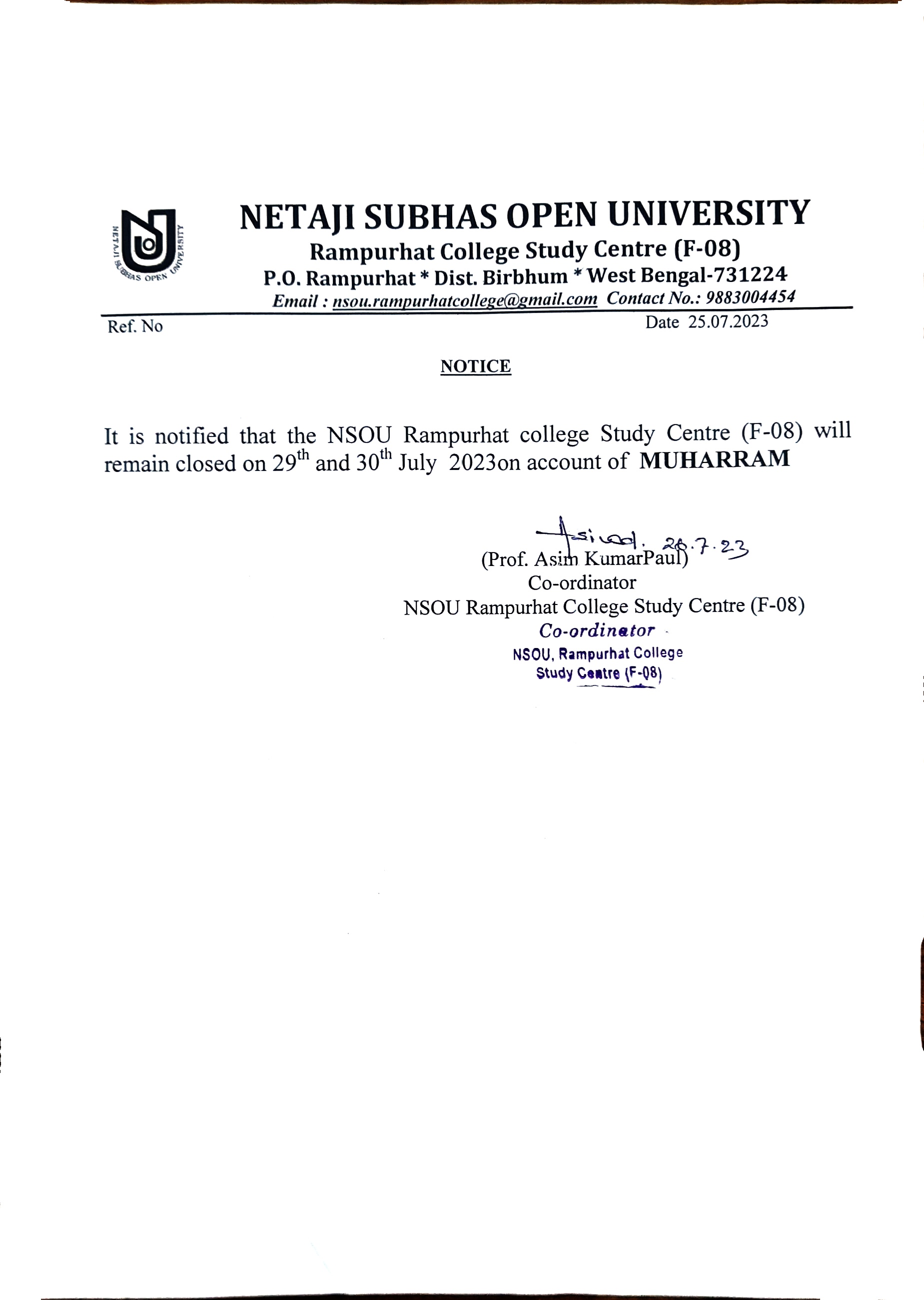 Welcome To The Official Website of N.S.O.U : Rampurhat College Study Centre